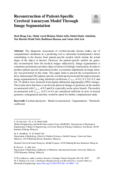 (PDF) Reconstruction of Patient-Specific Cerebral Aneurysm Model Through Image Segmentation