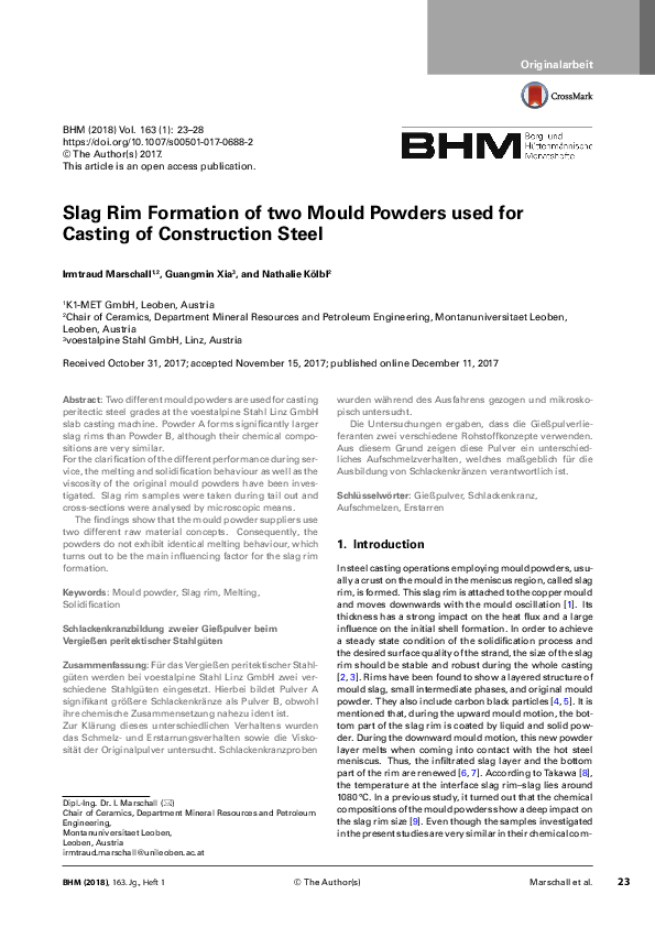 (PDF) Slag Rim Formation of two Mould Powders used for Casting of ...