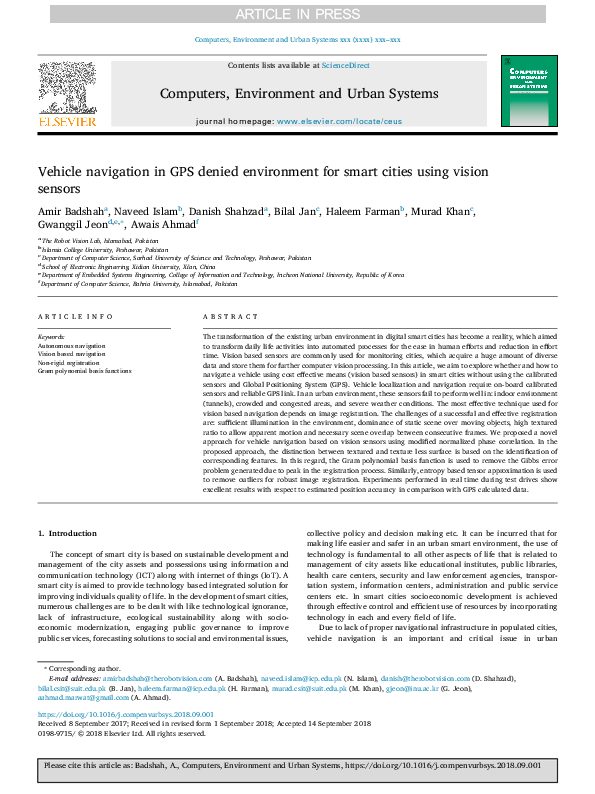 (PDF) Vehicle navigation in GPS denied environment for smart cities using vision sensors