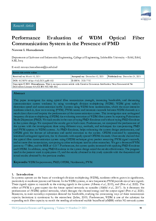 (PDF) Performance Evaluation of WDM Optical Fiber Communication System in the presence of PMD