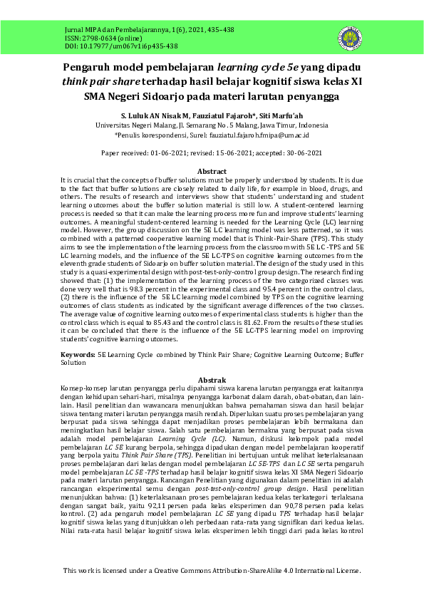 (PDF) Pengaruh model pembelajaran learning cycle 5e yang dipadu think pair share terhadap hasil ...