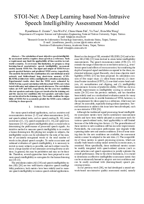 (PDF) STOI-Net: A Deep Learning based Non-Intrusive Speech Intelligibility Assessment Model