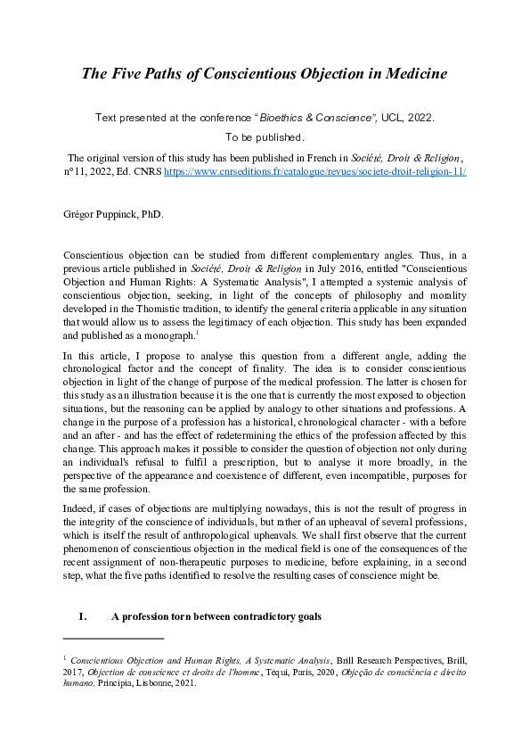 (DOC) The Five Paths of Conscientious Objection in Medicine