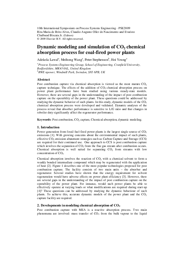 (PDF) Dynamic Modeling and Simulation of CO2 Chemical Absorption Process for Coal-Fired Power Plants
