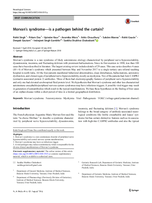 (PDF) Morvan's syndrome-is a pathogen behind the curtain?