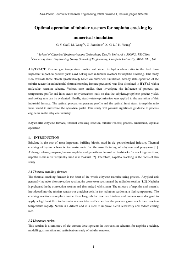 (PDF) Optimal operation of tubular reactors for naphtha cracking by numerical simulation