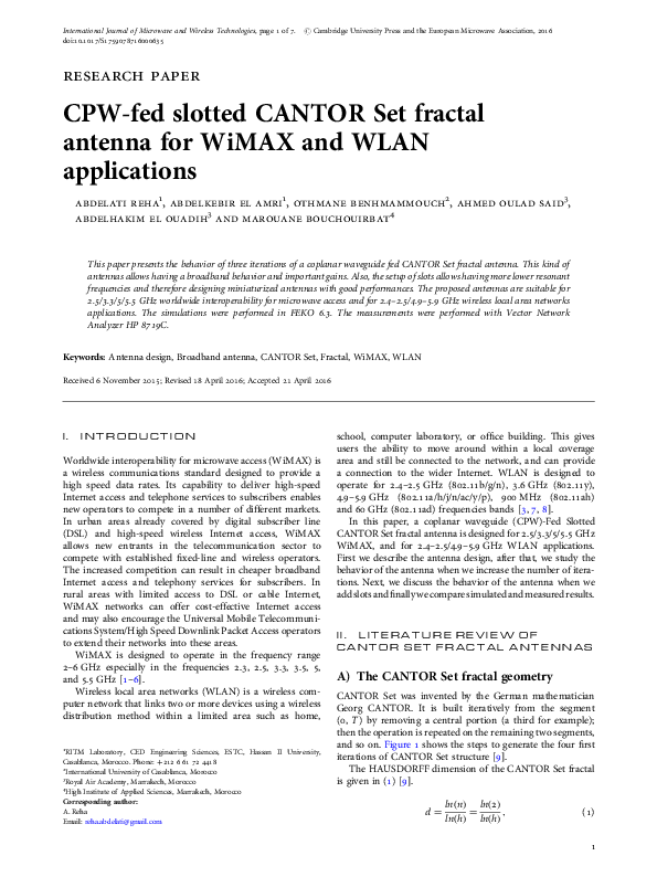 (PDF) CPW-fed slotted CANTOR Set fractal antenna for WiMAX and WLAN applications