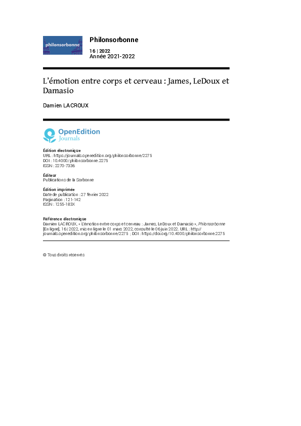 (PDF) L’émotion entre corps et cerveau : James, LeDoux et Damasio