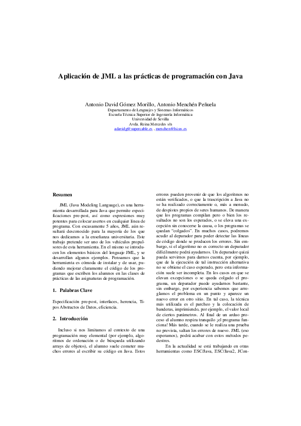 (PDF) Aplicación de JML a las prácticas de programación con Java