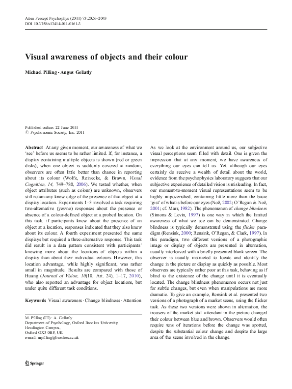 (PDF) Visual awareness of objects and their colour