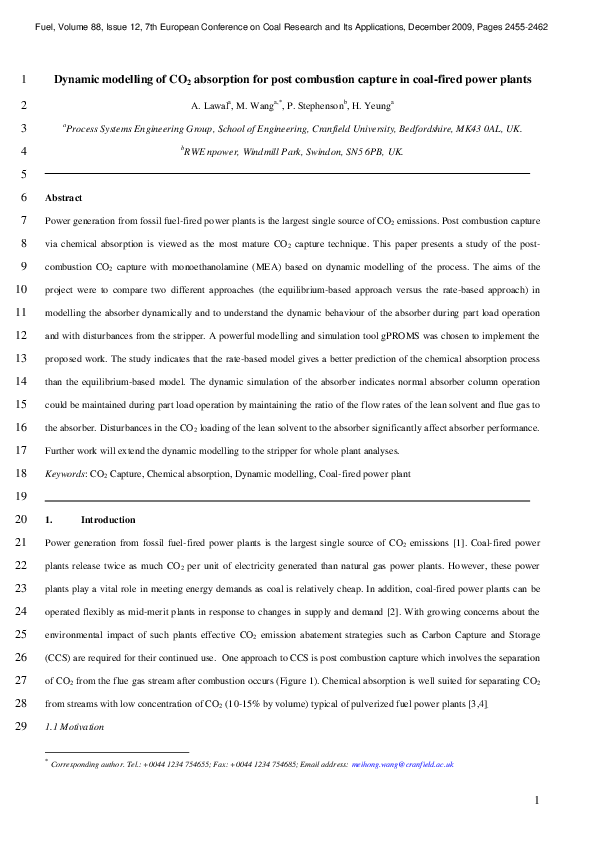 (PDF) Dynamic modelling of CO2 absorption for post combustion capture in coal-fired power plants