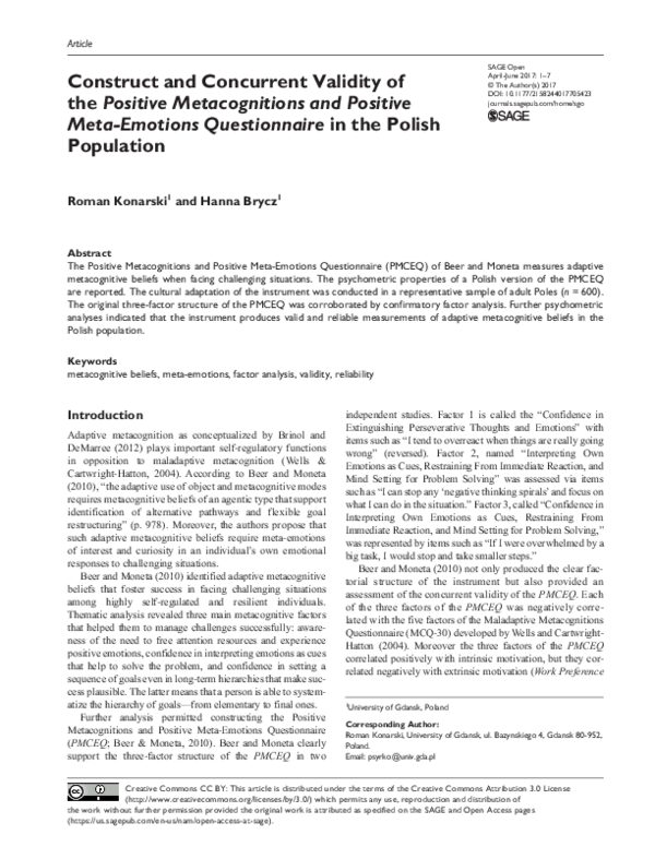(PDF) Construct and concurrent validity of the Positive Metacognitions and Positive Meta ...