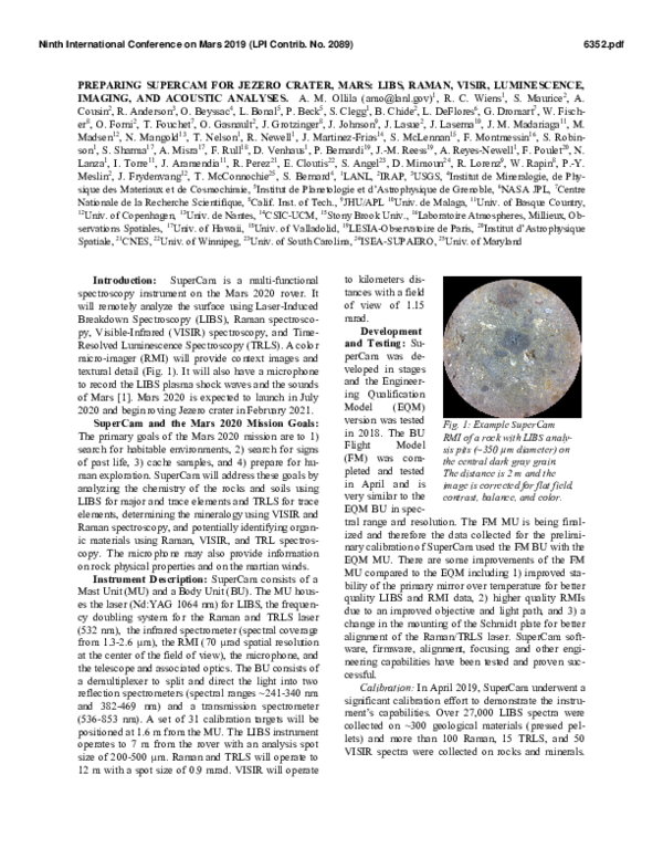 (PDF) Preparing SuperCam for Jezero Crater, Mars: LIBS, Raman, VISIR ...