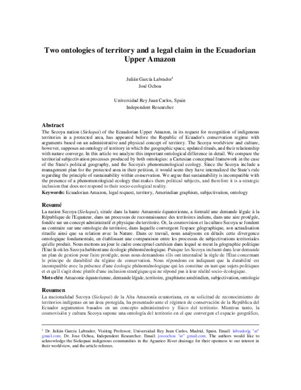 (PDF) Two ontologies of territory and a legal claim in the Ecuadorian ...