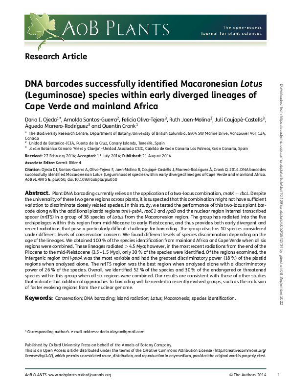 (PDF) DNA barcodes successfully identified Macaronesian Lotus ...