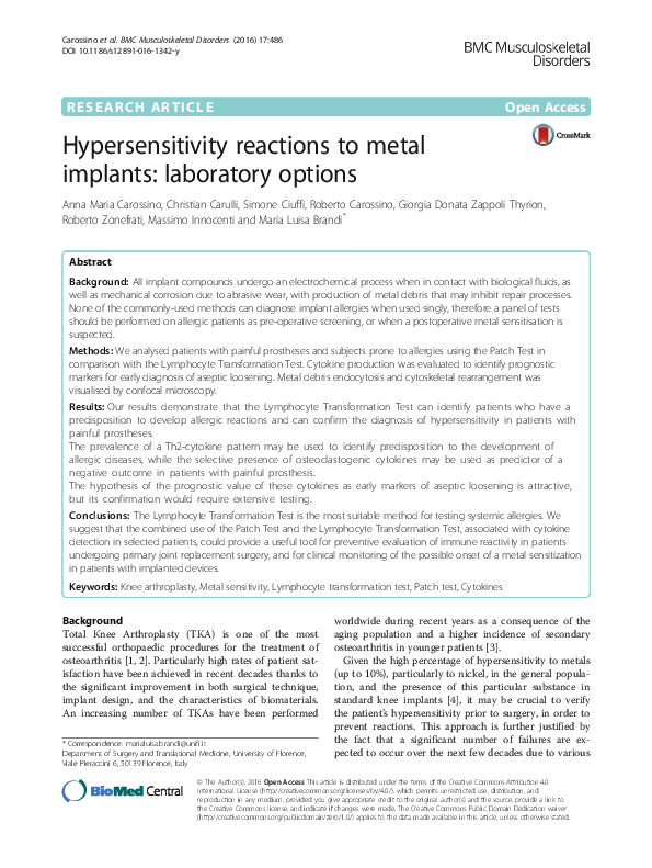 (PDF) Hypersensitivity reactions to metal implants: laboratory options ...