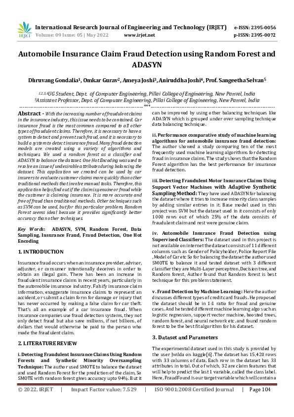(PDF) Automobile Insurance Claim Fraud Detection using Random Forest and ADASYN