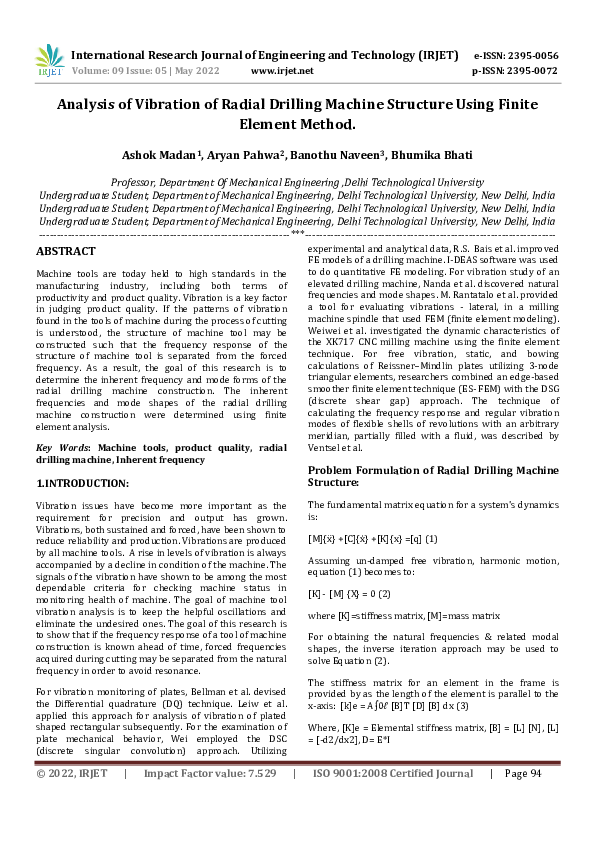 (PDF) Analysis of Vibration of Radial Drilling Machine Structure Using Finite Element Method ...