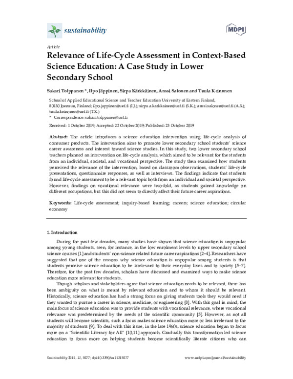 (PDF) Relevance of Life-Cycle Assessment in Context-Based Science ...