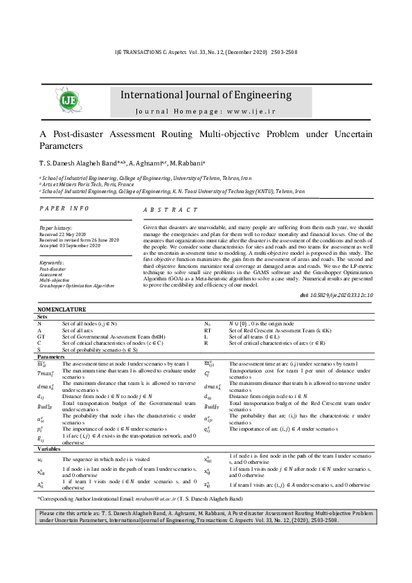 (PDF) A Post-disaster Assessment Routing Multi-objective Problem under ...