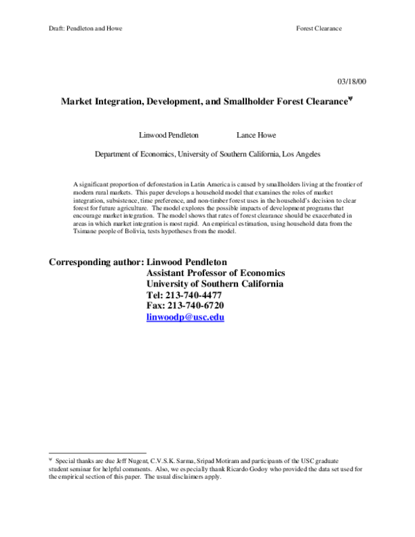 (PDF) Market Integration, Development, and Smallholder Forest Clearance