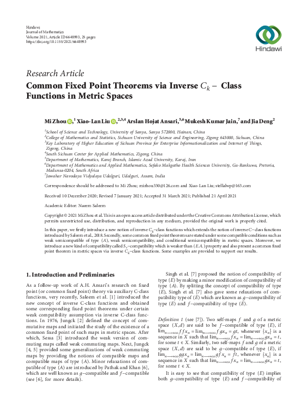 (PDF) Common Fixed Point Theorems via Inverse C k − Class Functions