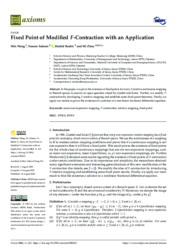 (PDF) Fixed Point of Modified F-Contraction with an Application