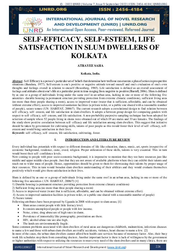 (PDF) SELF-EFFICACY, SELF-ESTEEM, LIFE SATISFACTION IN SLUM DWELLERS OF KOLKATA | Atrayee Saha ...