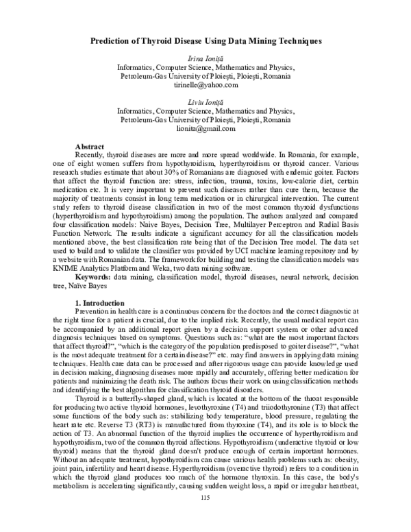 (PDF) Prediction of thyroid Disease Using Data Mining Techniques