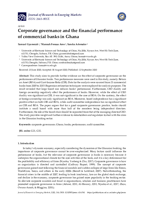 (PDF) Corporate governance and the financial performance of commercial banks in Ghana
