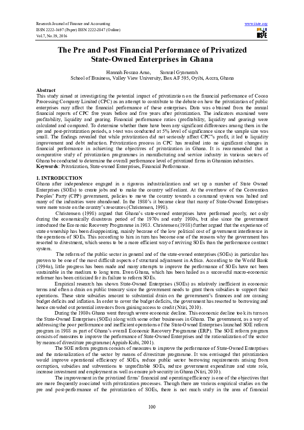 (PDF) The Pre and Post Financial Performance of Privatized State-Owned ...