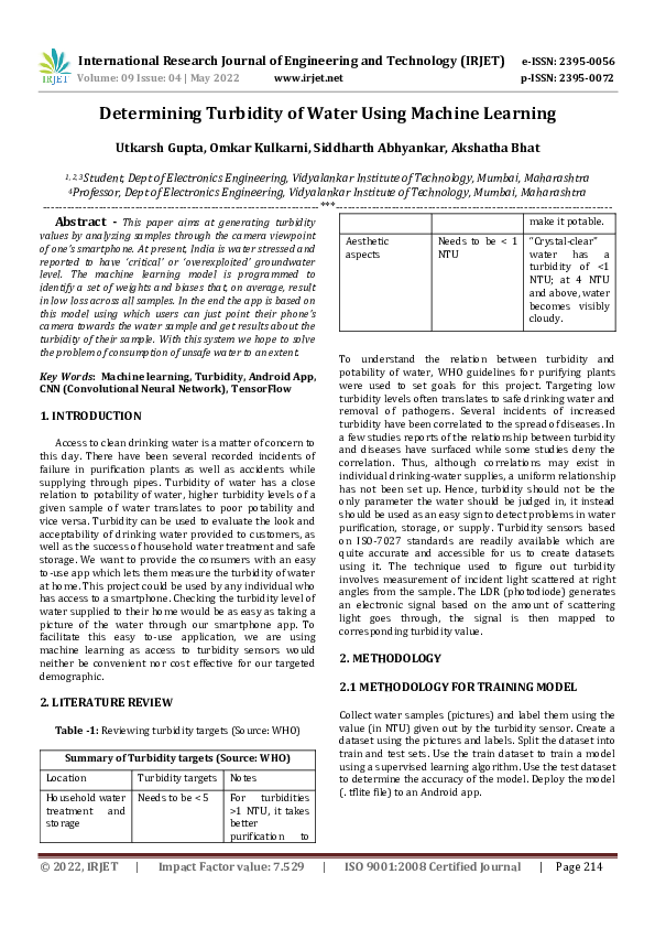 (PDF) Determining Turbidity of Water Using Machine Learning