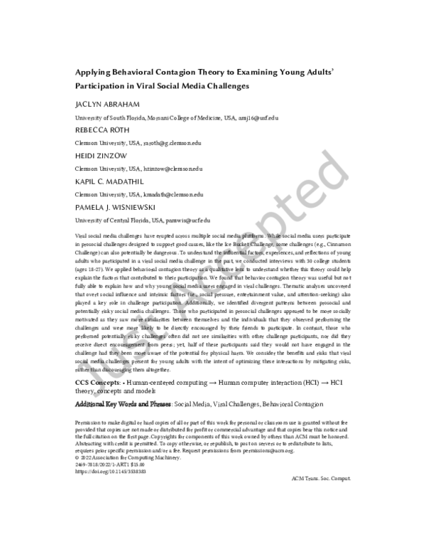 (PDF) Applying Behavioral Contagion Theory to Examining Young Adults’ Participation in Viral ...