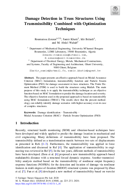 (PDF) Damage Detection in Truss Structures Using Transmissibility Combined with Optimization ...