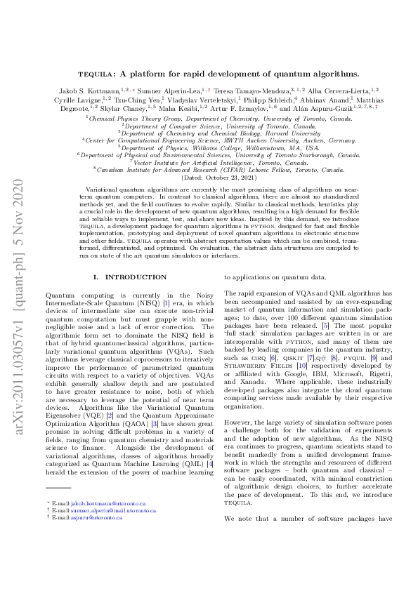 (PDF) TEQUILA: a platform for rapid development of quantum algorithms
