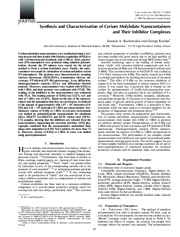 (PDF) Synthesis and Characterization of Cerium Molybdate Nanocontainers ...