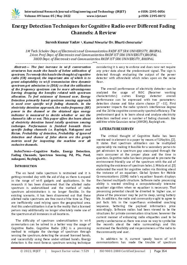 (PDF) Energy Detection Techniques for Cognitive Radio over Different Fading Channels: A Review