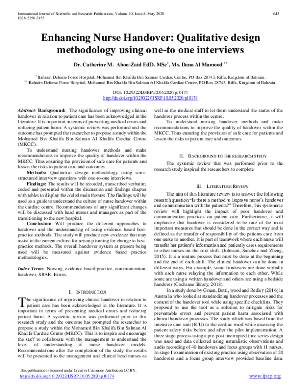 (PDF) Enhancing Nurse Handover: Qualitative design methodology using ...