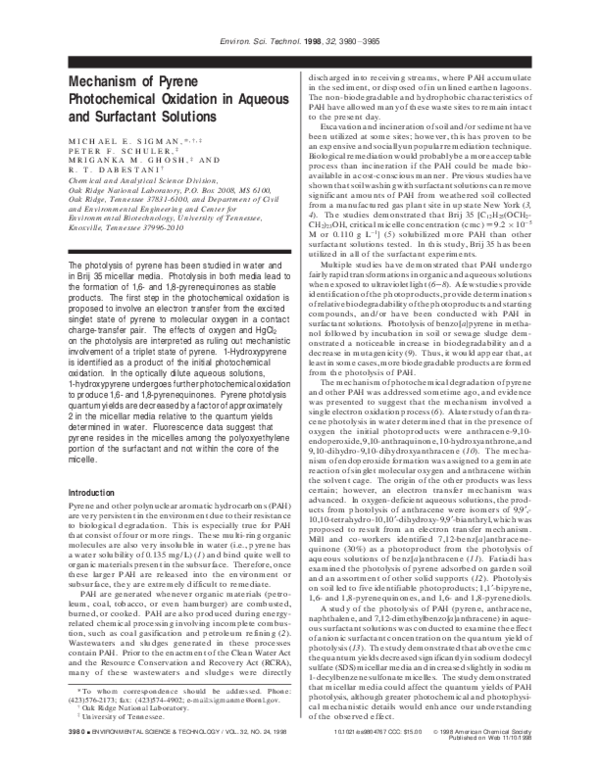 (PDF) Mechanism of Pyrene Photochemical Oxidation in Aqueous and ...