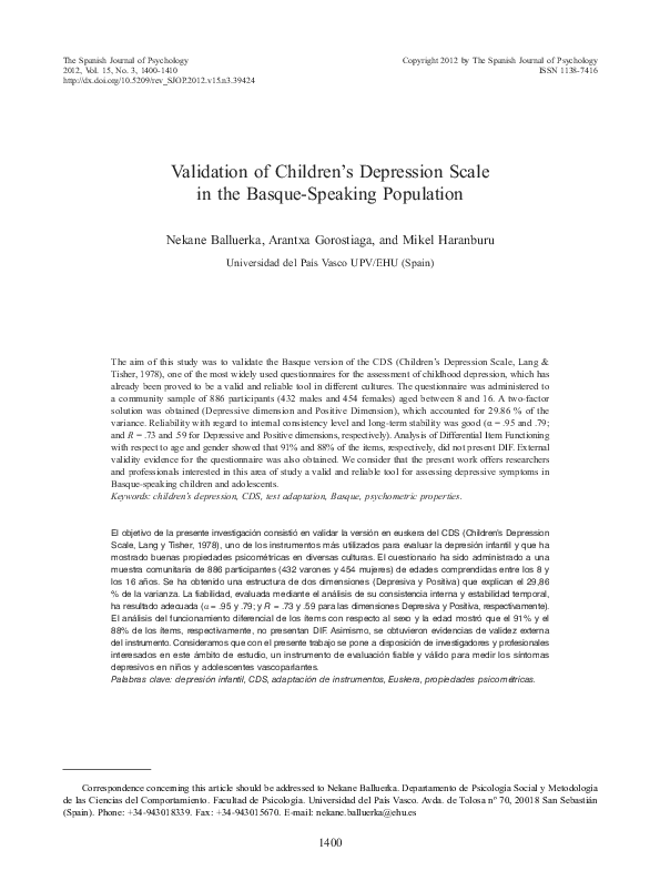 (PDF) Validation of Children's Depression Scale in the Basque-Speaking ...