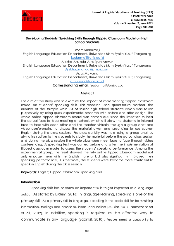 (PDF) Developing Students’ Speaking Skills through Flipped Classroom Model
