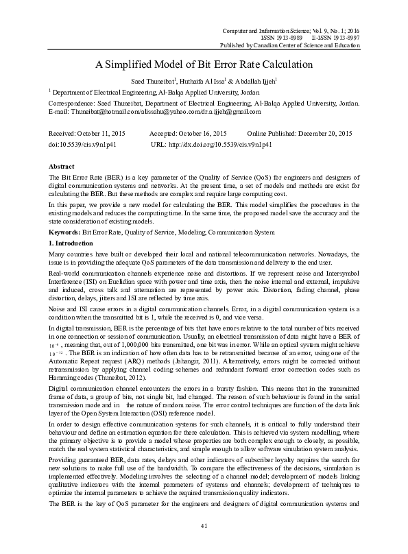 (PDF) A Simplified Model of Bit Error Rate Calculation