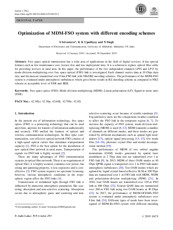 Pdf Optimization Of Mdm Fso System With Different Encoding Schemes
