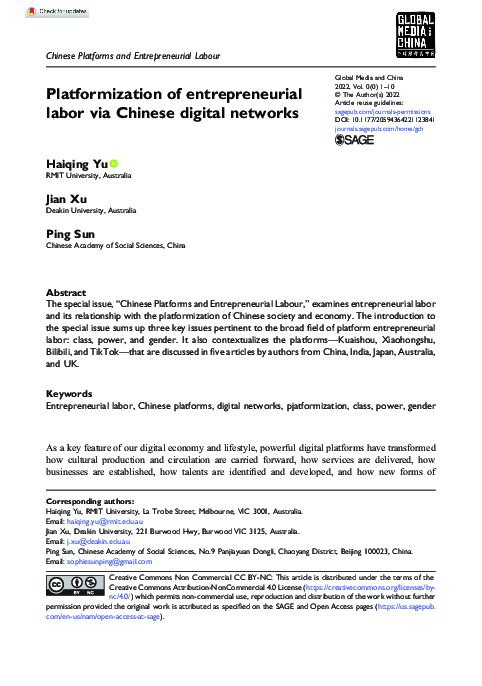 (PDF) Platformization of entrepreneurial labor via Chinese digital networks
