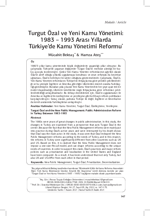 (PDF) Turgut Özal ve Yeni Kamu Yönetimi: 1983 -1993 Arası Yıllarda Türkiye'de Kamu Yönetimi Reformu