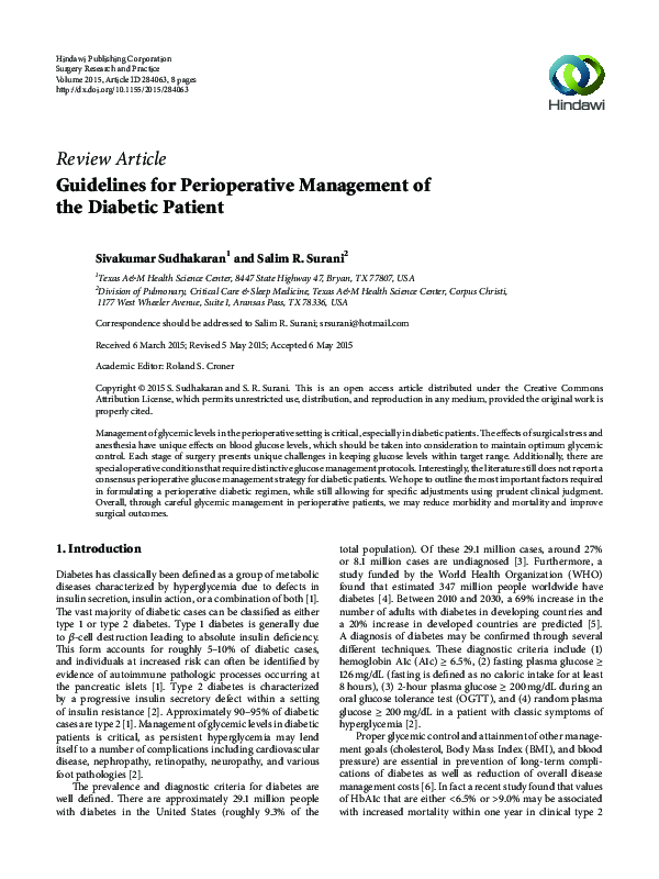 (PDF) Guidelines for Perioperative Management of the Diabetic Patient