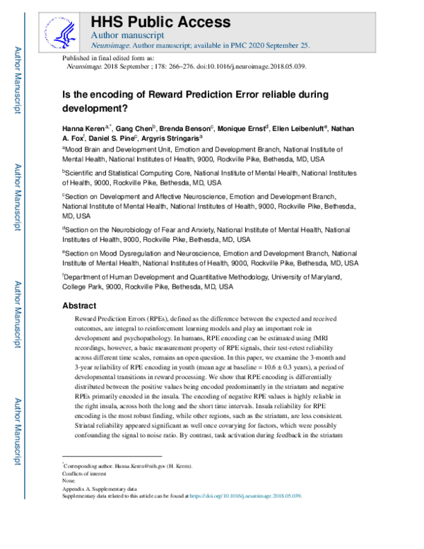 (PDF) Is the encoding of Reward Prediction Error reliable during development?