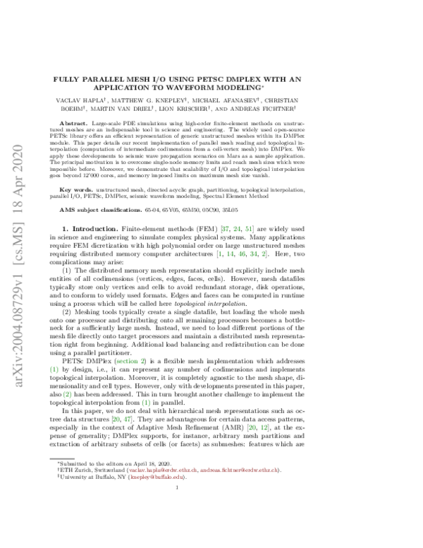 (PDF) Fully Parallel Mesh I/O Using PETSc DMPlex with an Application to Waveform Modeling