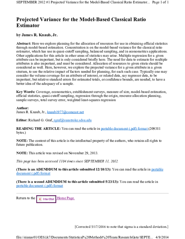 (PDF) Projected Variance for the Model-Based Classical Ratio Estimator