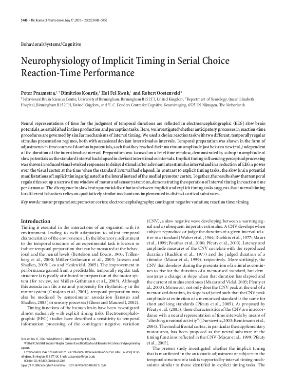 (PDF) Neurophysiology of Implicit Timing in Serial Choice Reaction-Time Performance